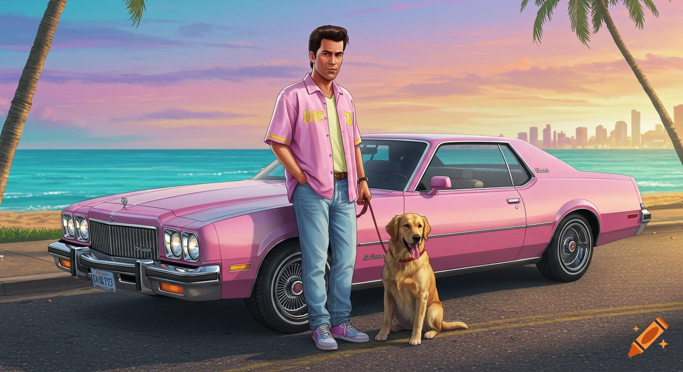 GTA Vice City character with a dog leaning on a gangster car, ocean ...