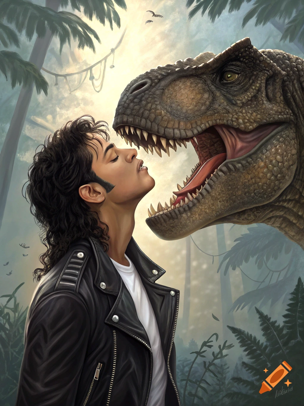 Tyrannosaurus Rex kissing Michael Jackson on Craiyon