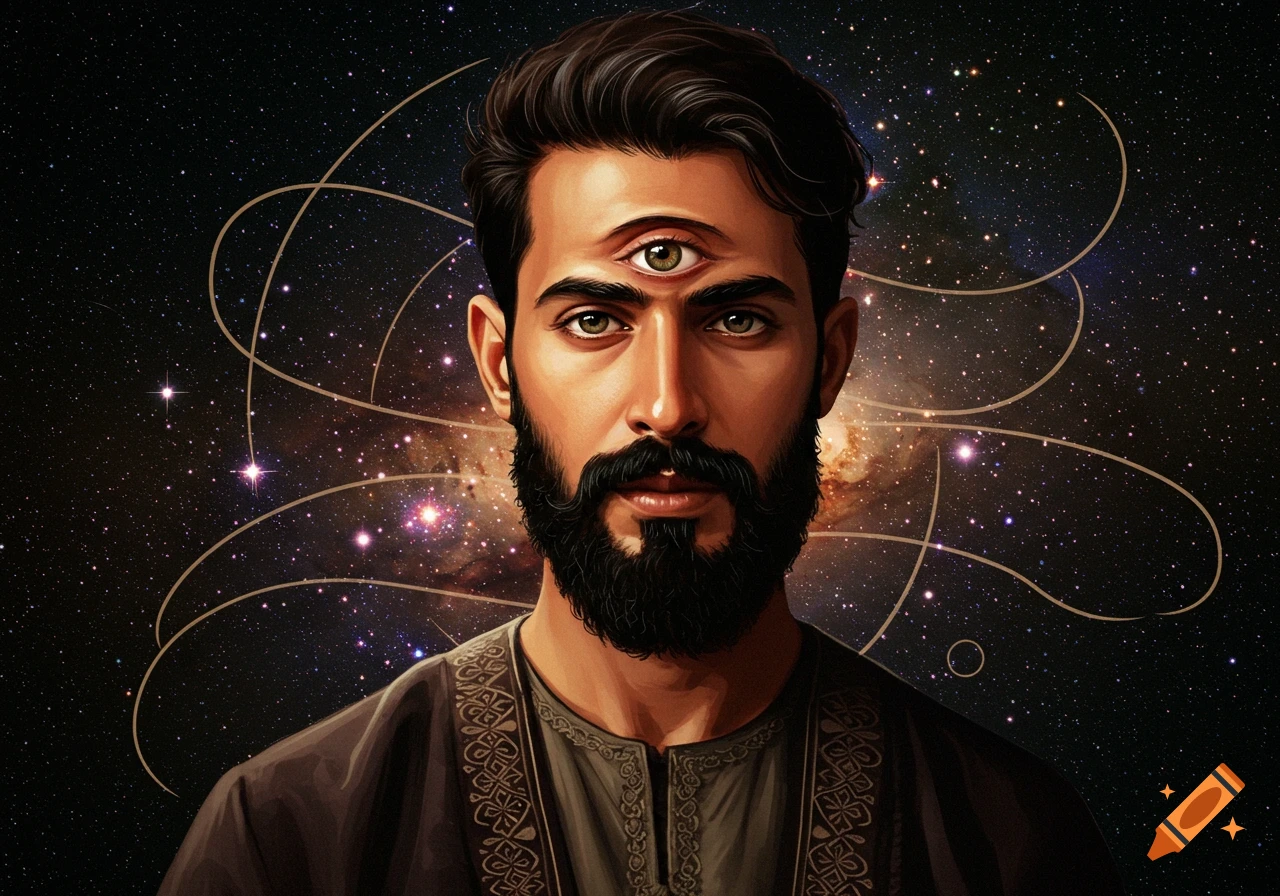 Nikola Tesla stands before a swirling, cosmic energy pattern. on Craiyon