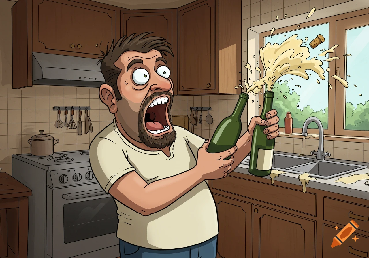Cartoon of man in kitchen spraying wine everywhere on Craiyon