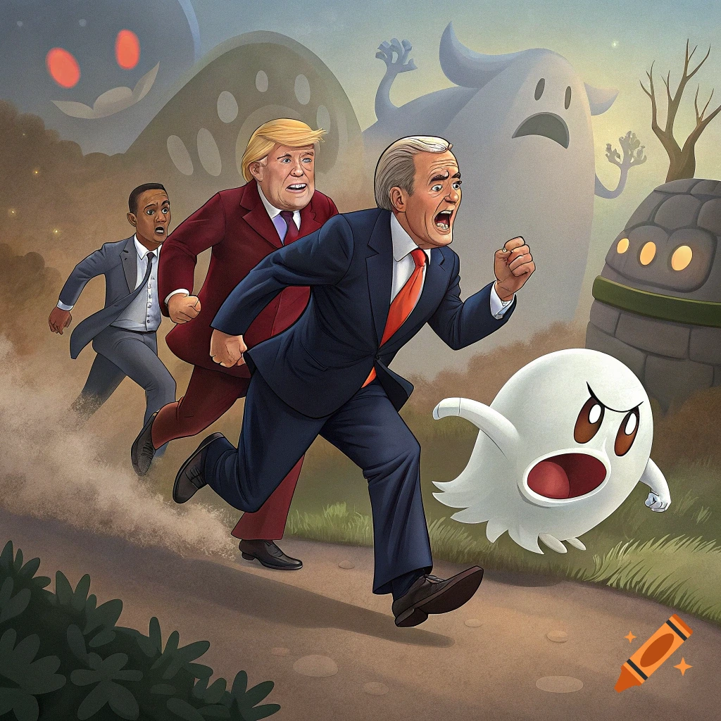 Three men in suits running from a cartoon ghost and other spooky ...