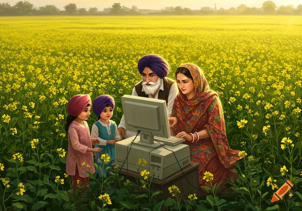 A Punjabi family is gathered around a computer, which sits in a field ...