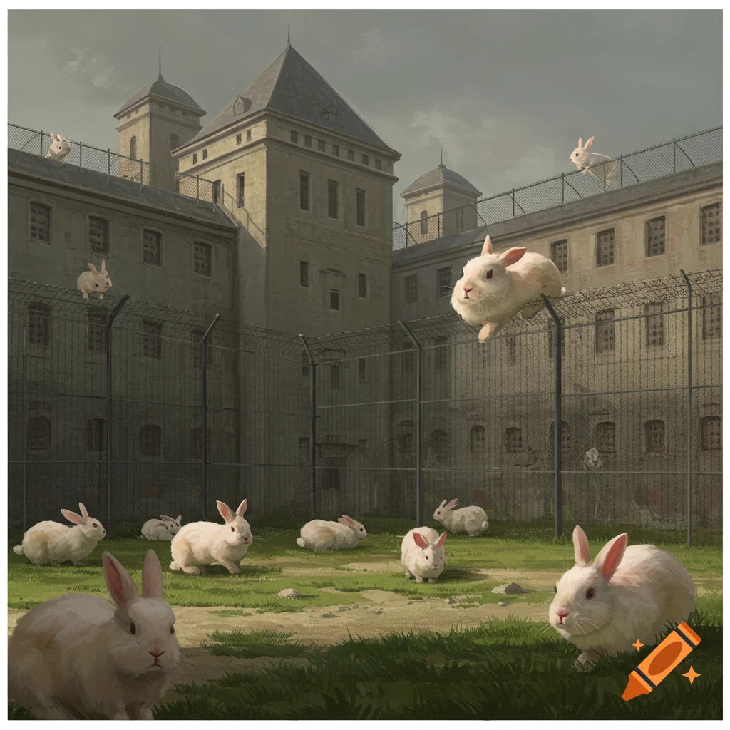 Prison containing only cream colored lop rabbits on Craiyon