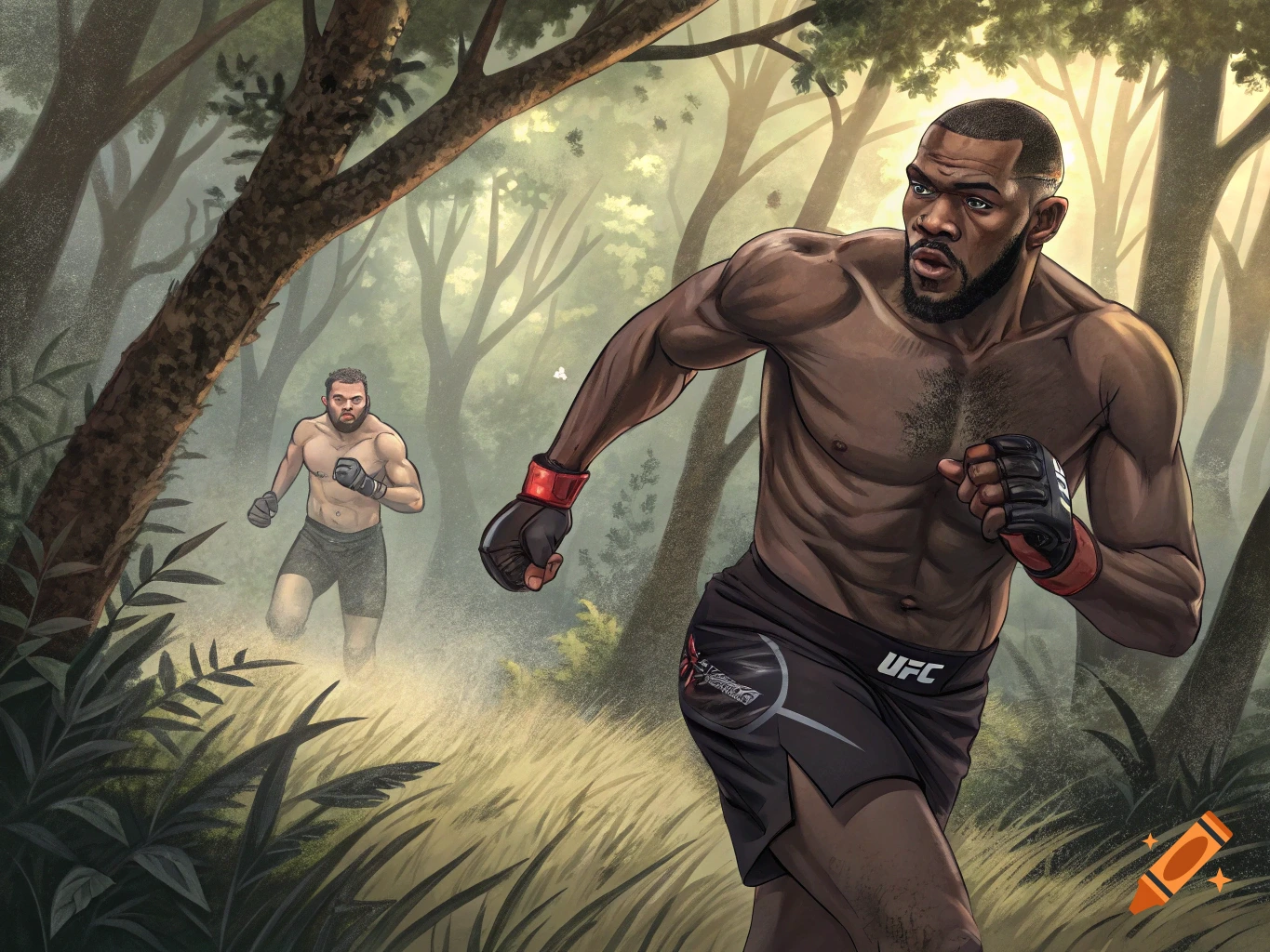 Jon Jones running away from Tom Aspinall on Craiyon