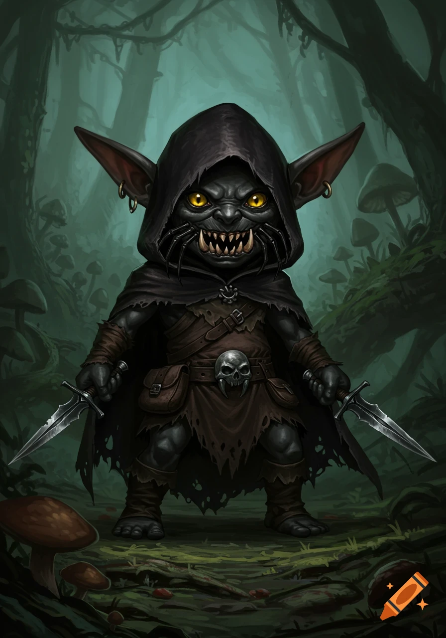 Black hooded goblin with spider fangs and daggers on Craiyon