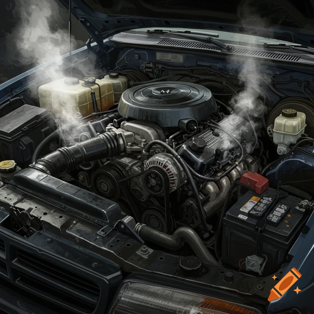 A steaming car engine under the open hood. on Craiyon