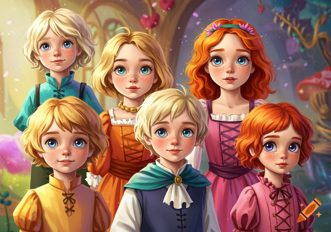 A group of smiling children in colorful fantasy outfits in a whimsical ...