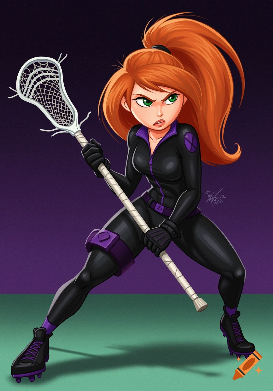 Kim Possible in a tight black and purple suit playing lacrosse on Craiyon