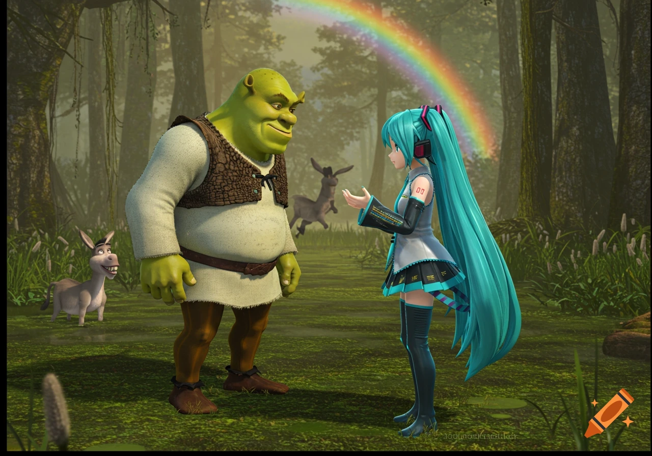 Hatsune Miku in love with Shrek and Donkey on Craiyon