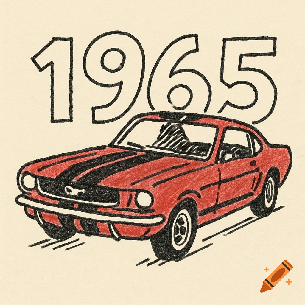 1965 red Ford Mustang drawing with black stripes and '1965' text on Craiyon
