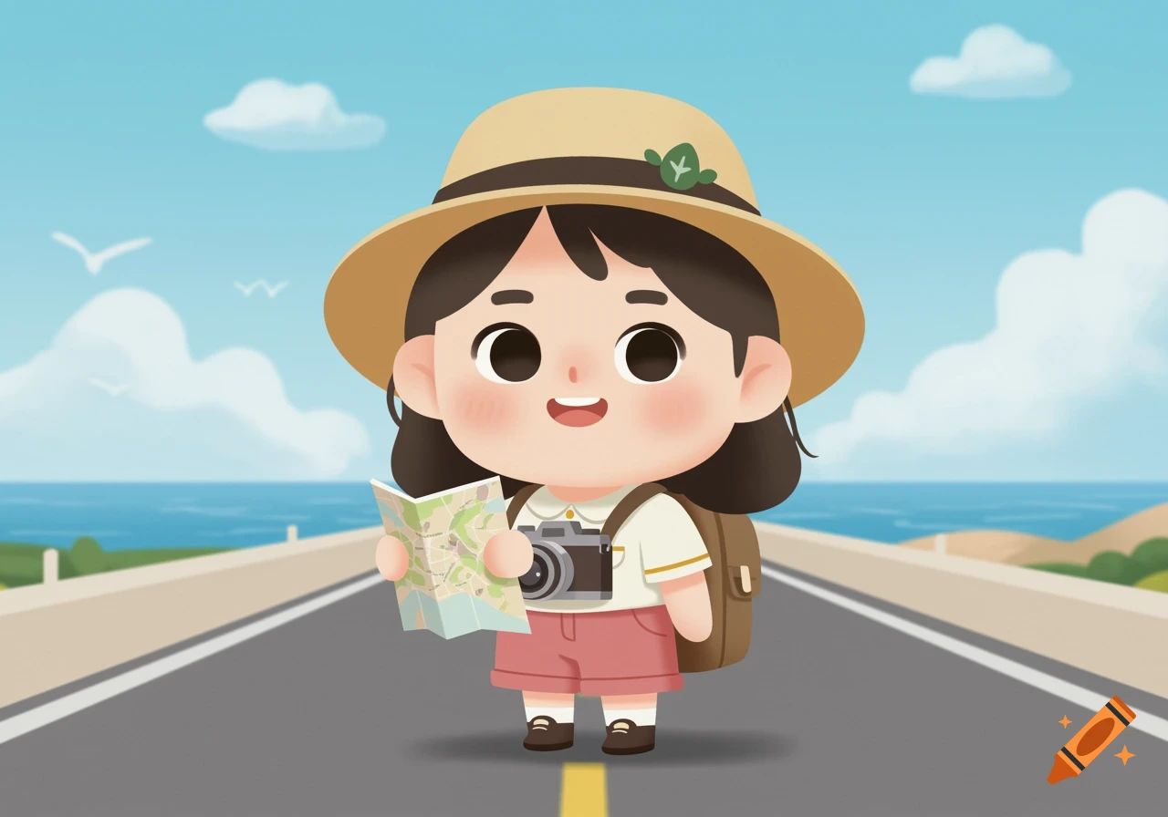 Cute cartoon girl with a backpack and hat holding a map on a road by ...