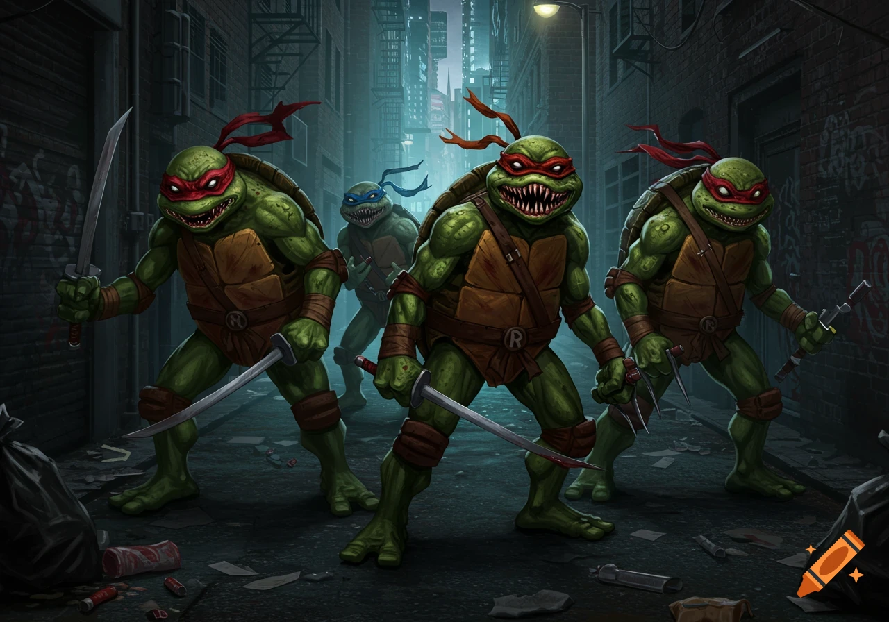 Creepy mascot horror style Teenage Mutant Ninja Turtles in a city ...