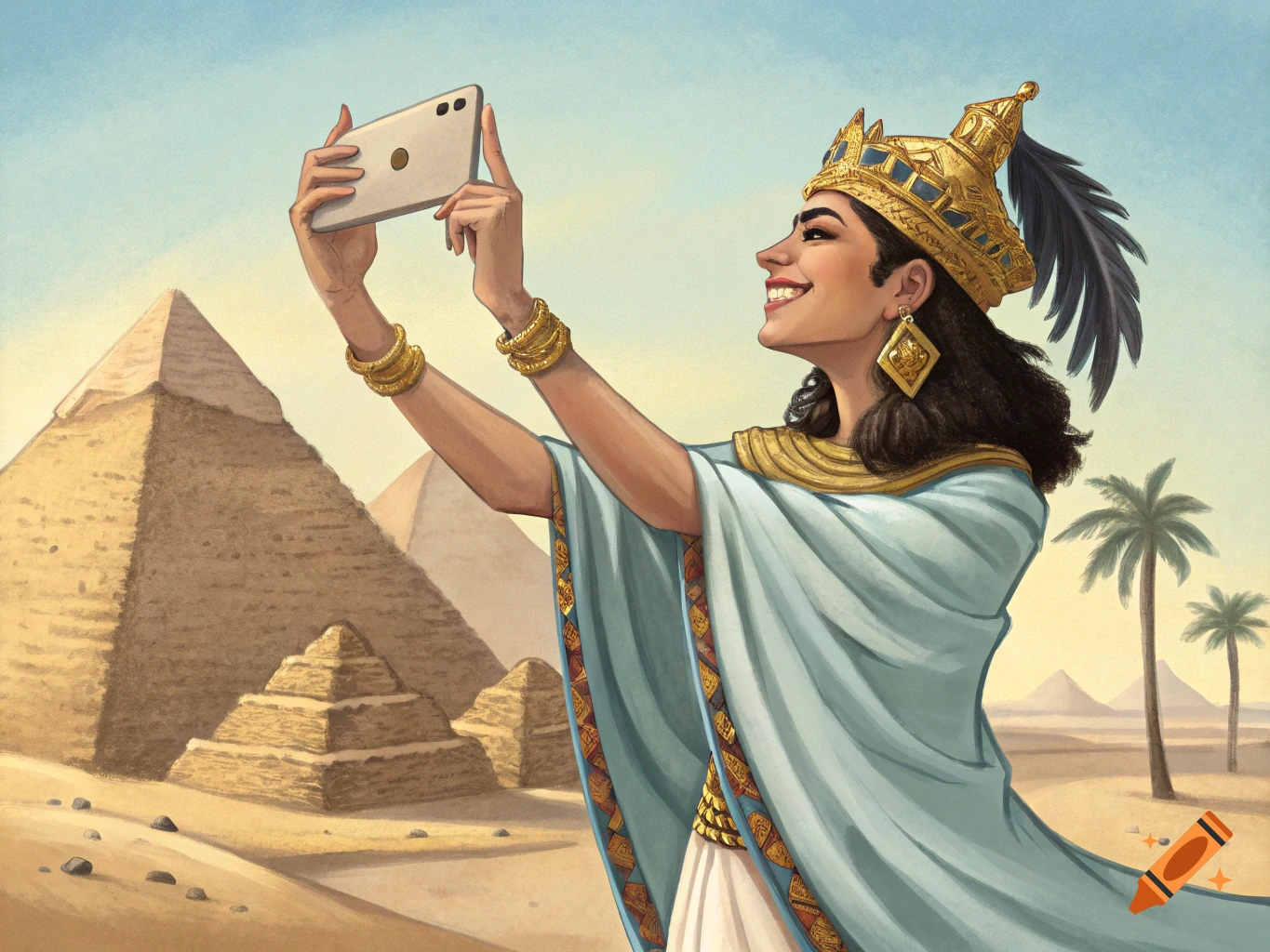 Cleopatra takes a selfie with a phone in front of the pyramids in an ...