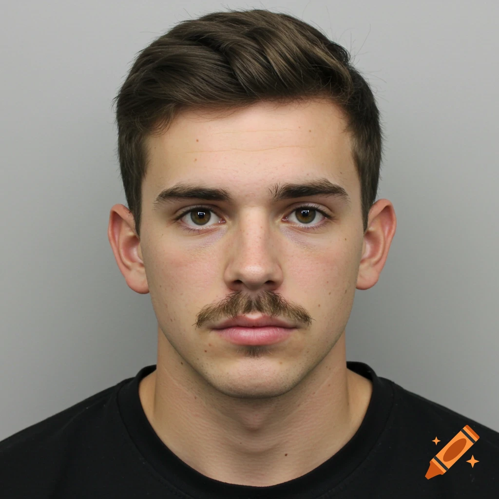 ID photo of a young white man with brown hair and a black t-shirt on ...