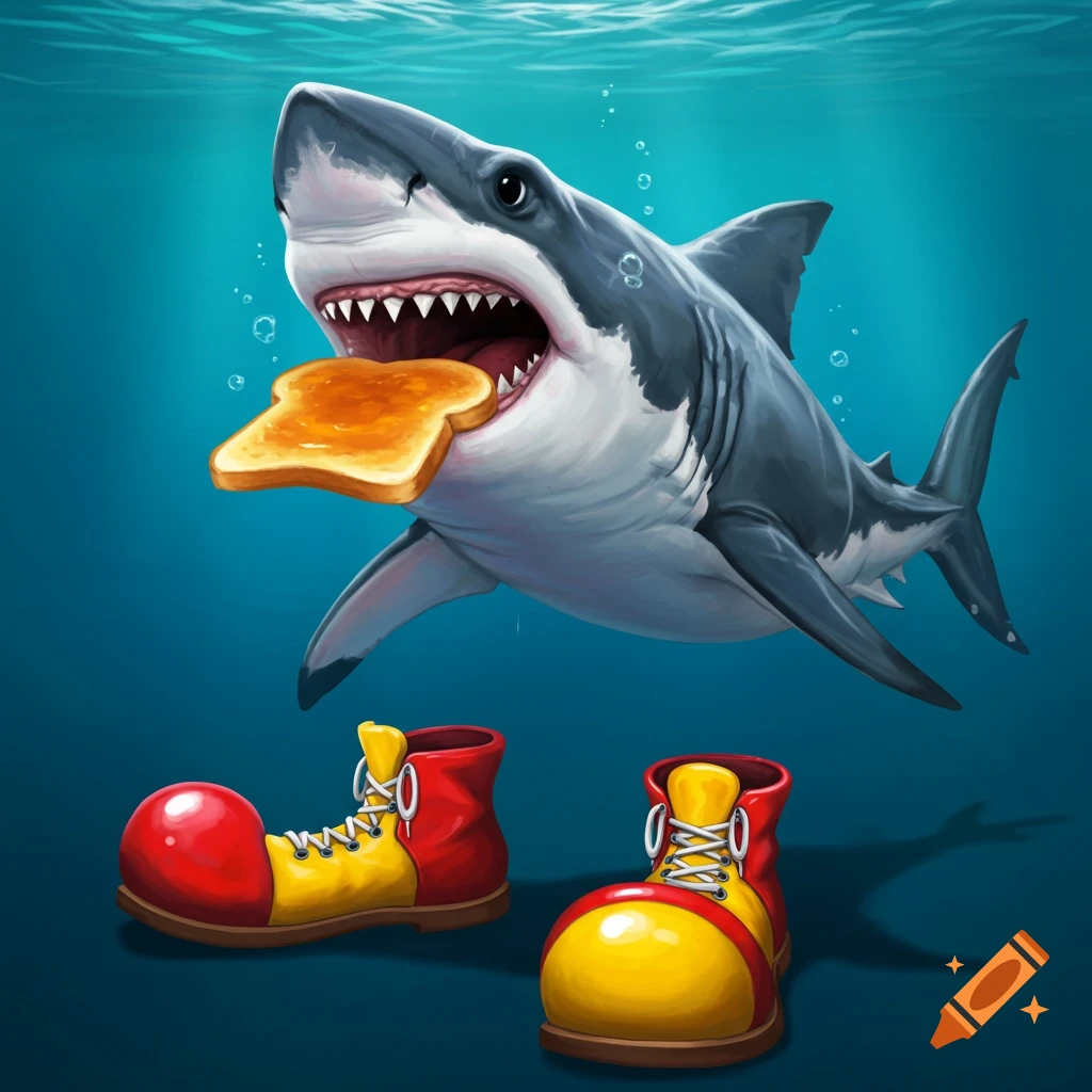 Shark wearing clown shoes eating toast on Craiyon