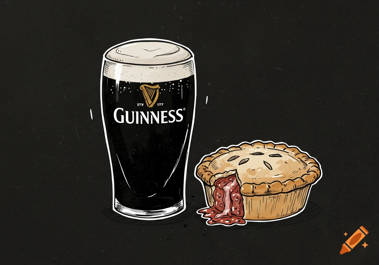 A doodle drawing of a pint of Guinness next to a steak pie spilling ...