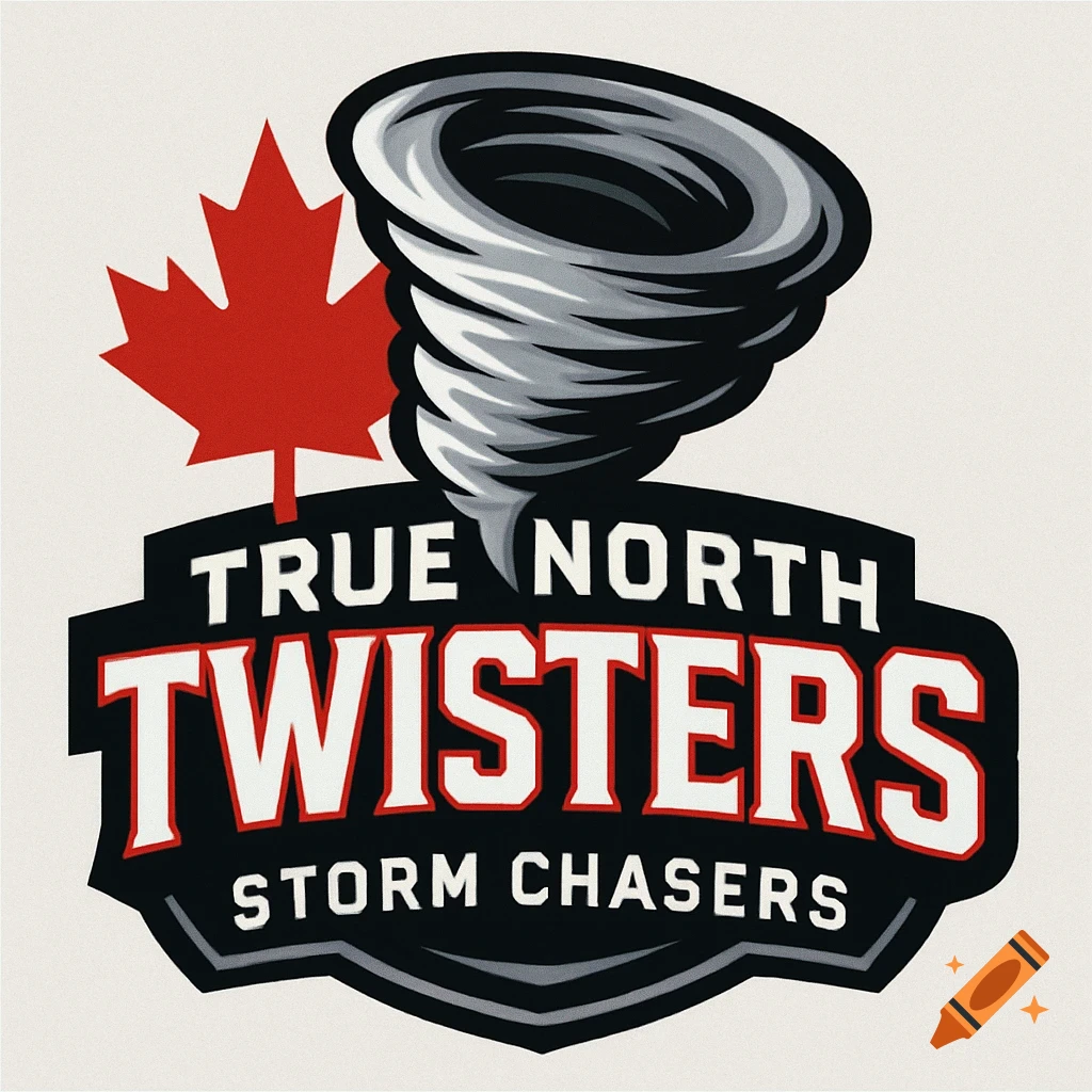 Logo with a tornado, red maple leaf, and text "True North Twisters ...