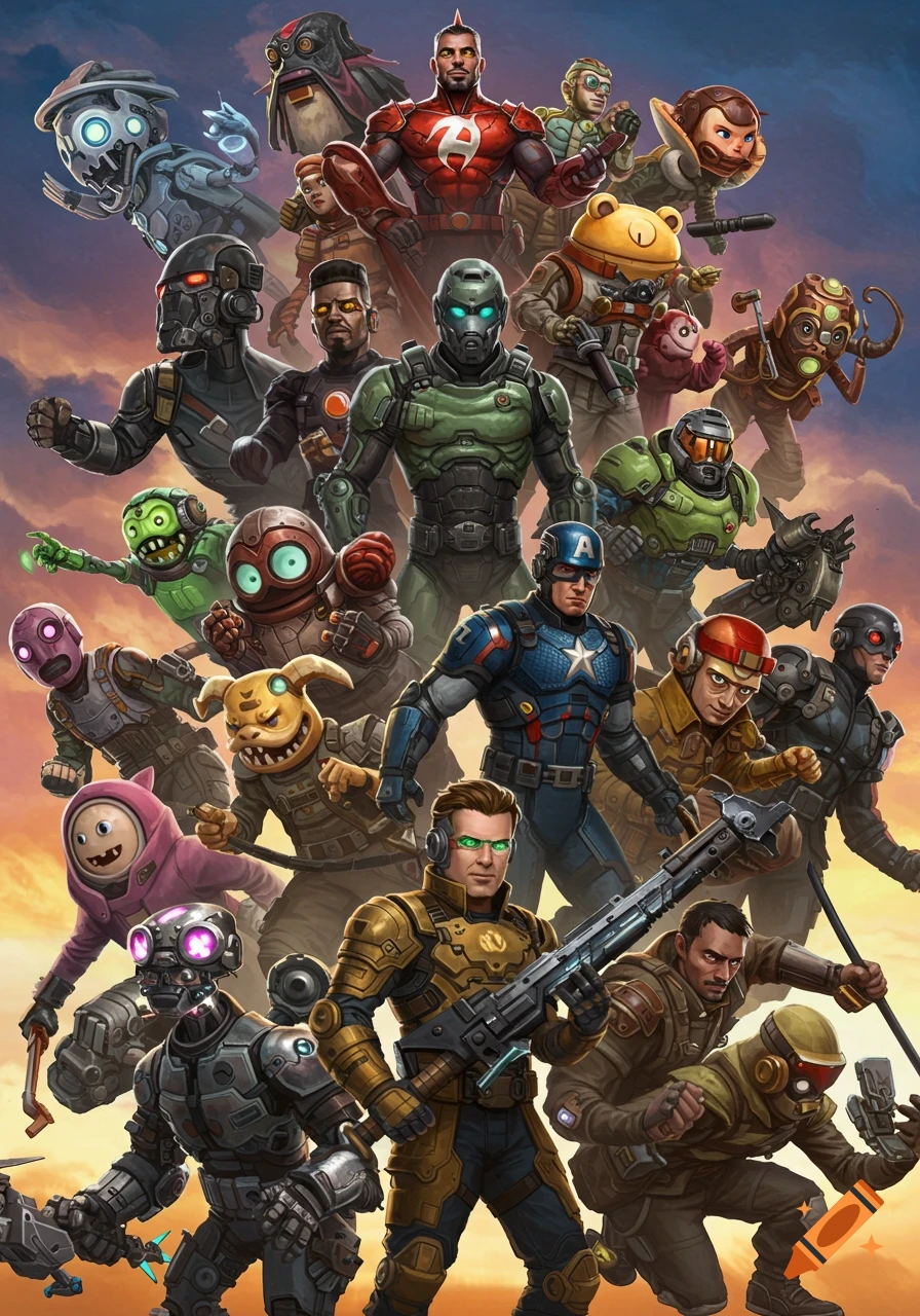 A variety of video game characters together on Craiyon