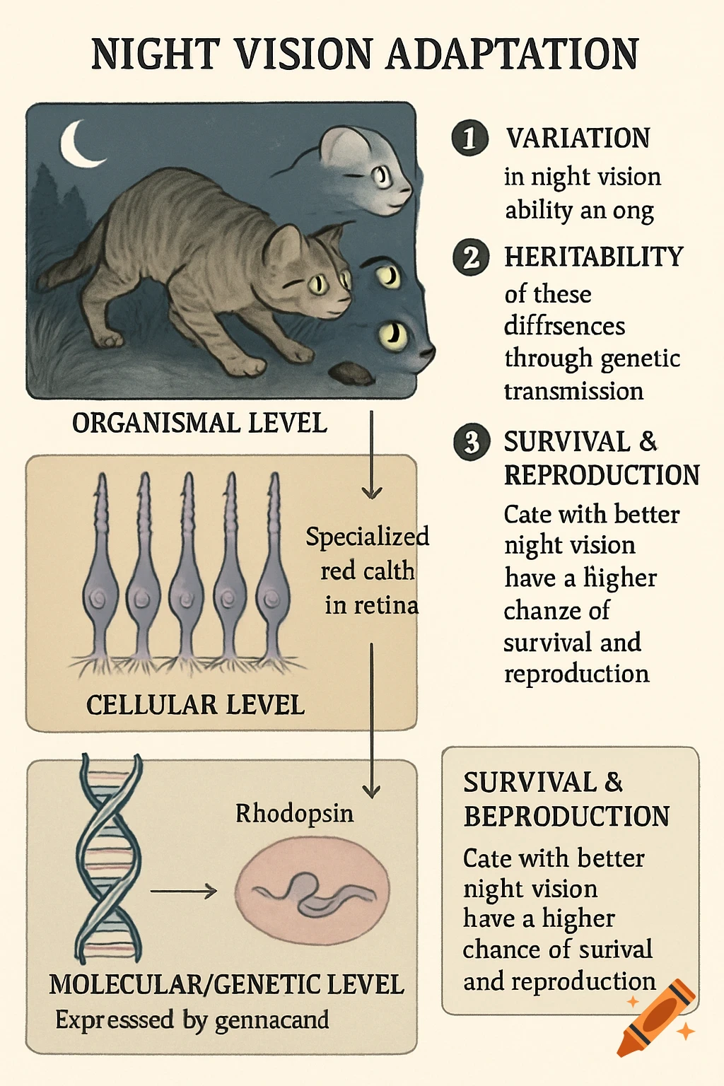 Scientific illustration of cat night vision adaptations on Craiyon