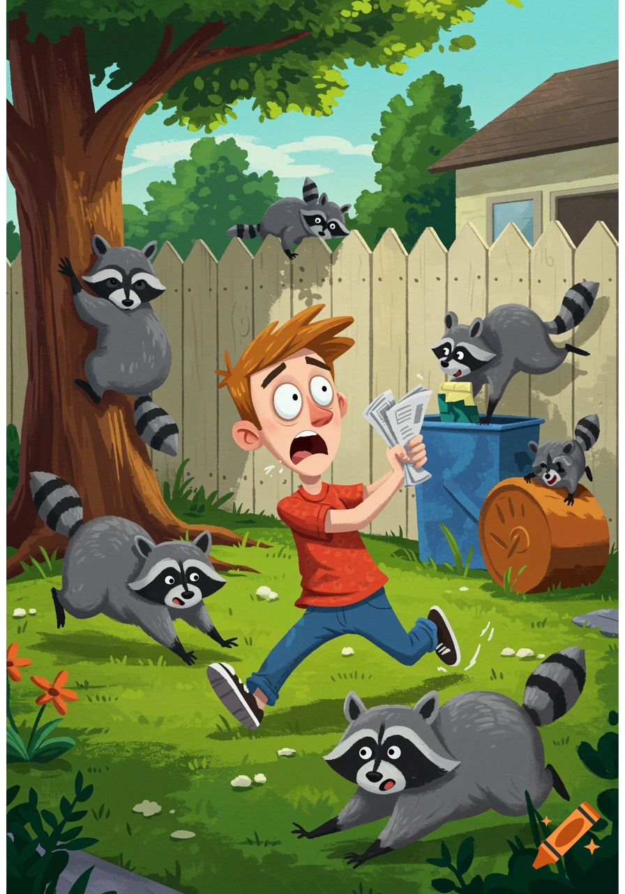 Cartoon illustration of a scared boy being chased by raccoons in a ...