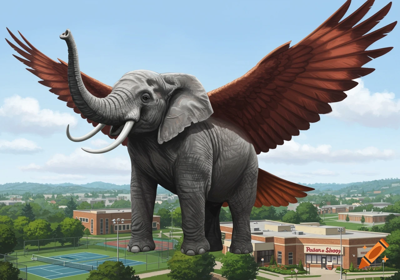 Elephant-headed hawk flying over a midwestern college. on Craiyon