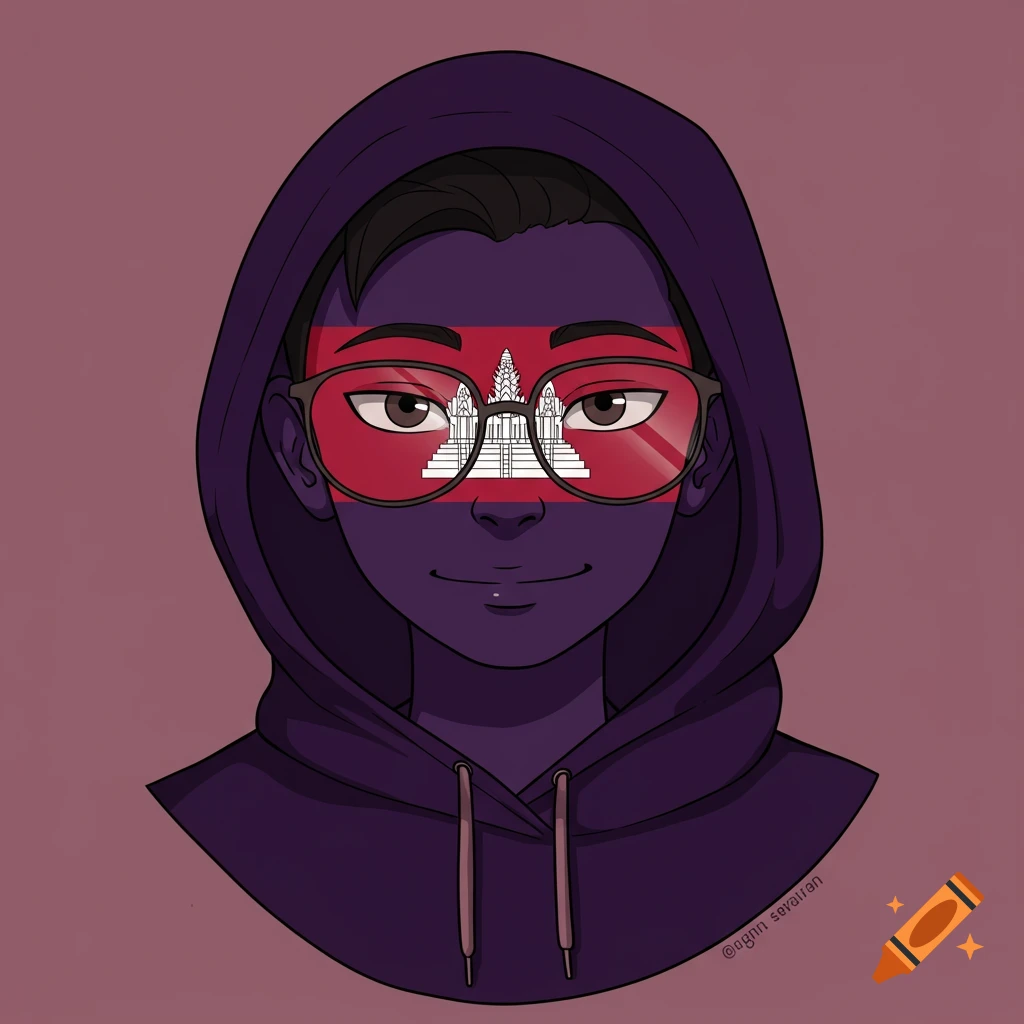 Upbeat Cambodian cartoon character with hoodie and glasses on Craiyon