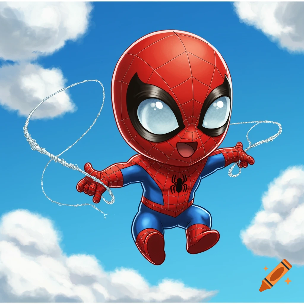 Chibi Spider-Man flying through a bright blue sky with clouds, in a ...
