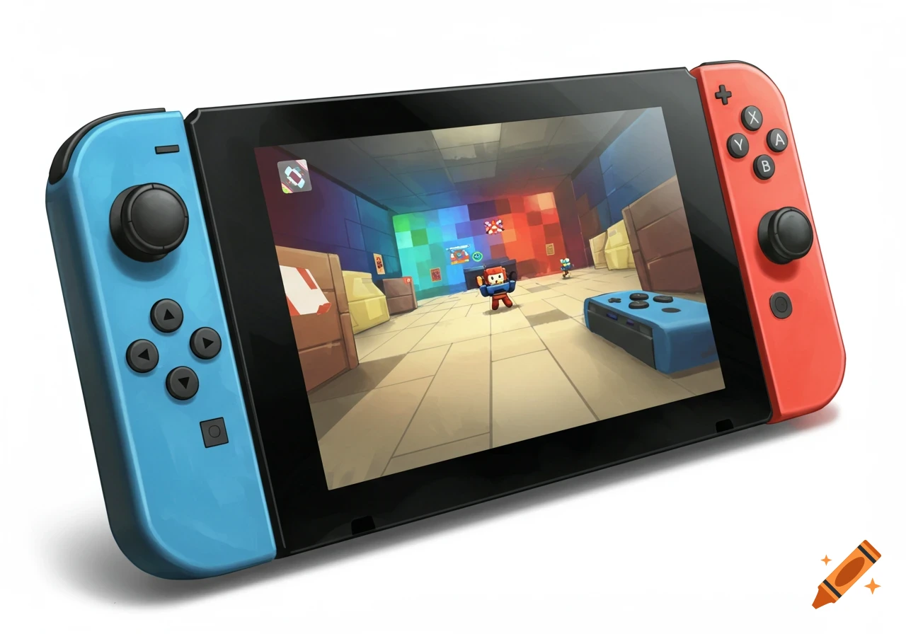 A teal Nintendo Switch Lite game console displays a drawing of a black ...