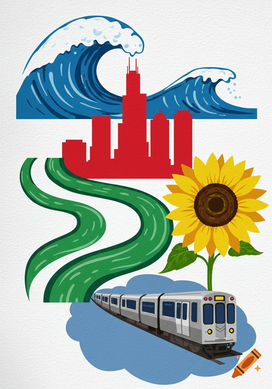 Chicago flag design with 5 symbols on Craiyon