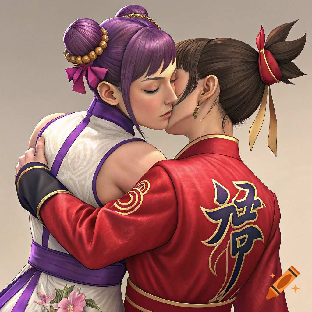 Juri Han kissing Chun-Li from behind on Craiyon