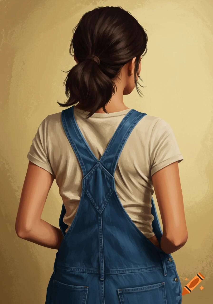 A woman is seen from the back, wearing blue overalls over a t-shirt. on ...