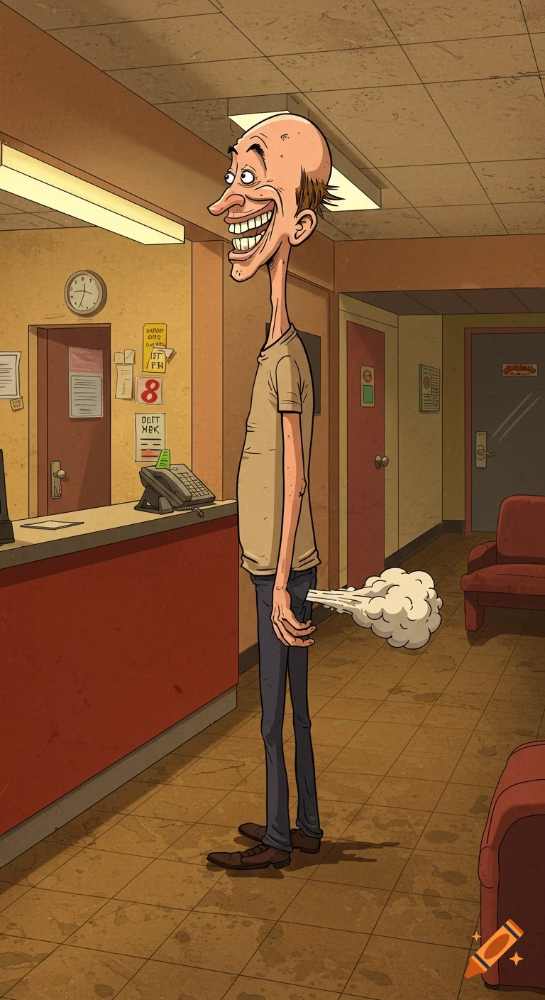 A tall, thin, bald cartoon man grins while farting in a motel lobby. on ...