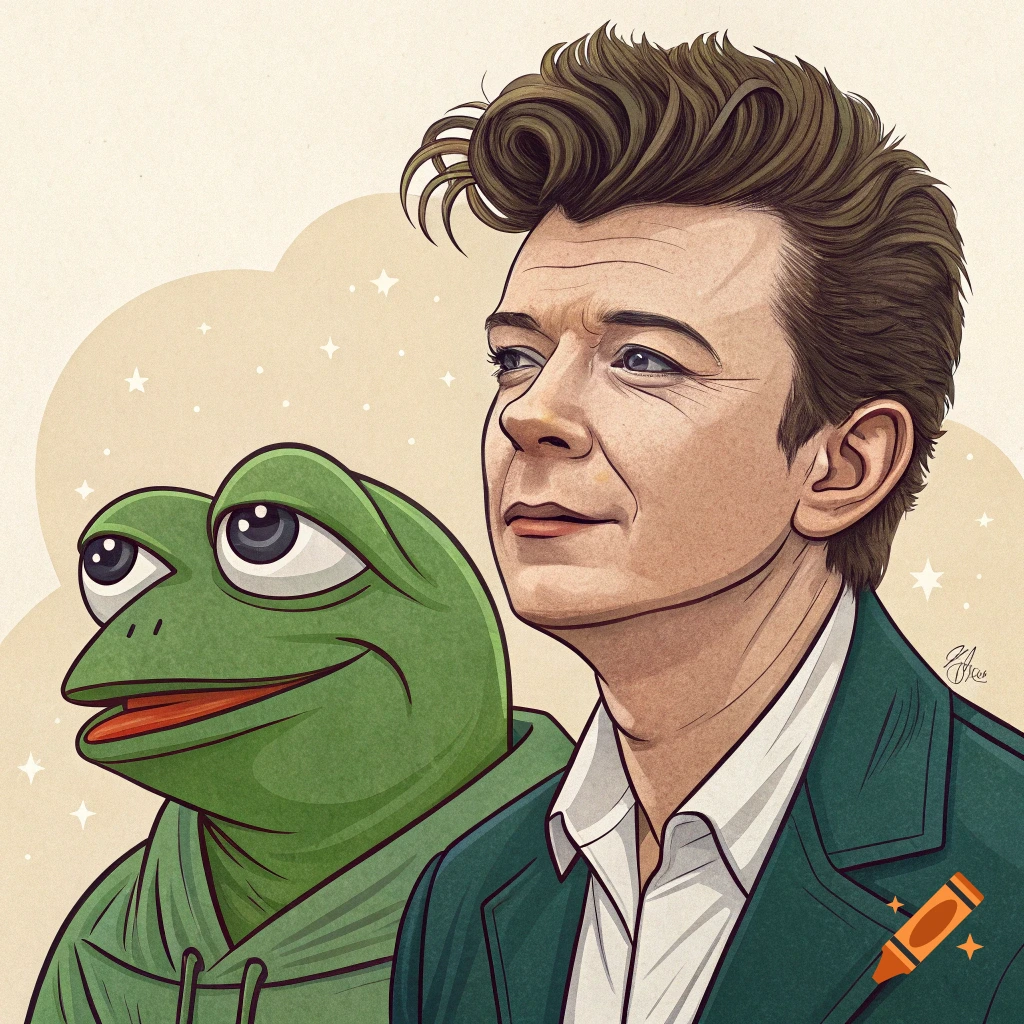 Illustration of Rick Astley and Kermit the Frog looking up. on Craiyon