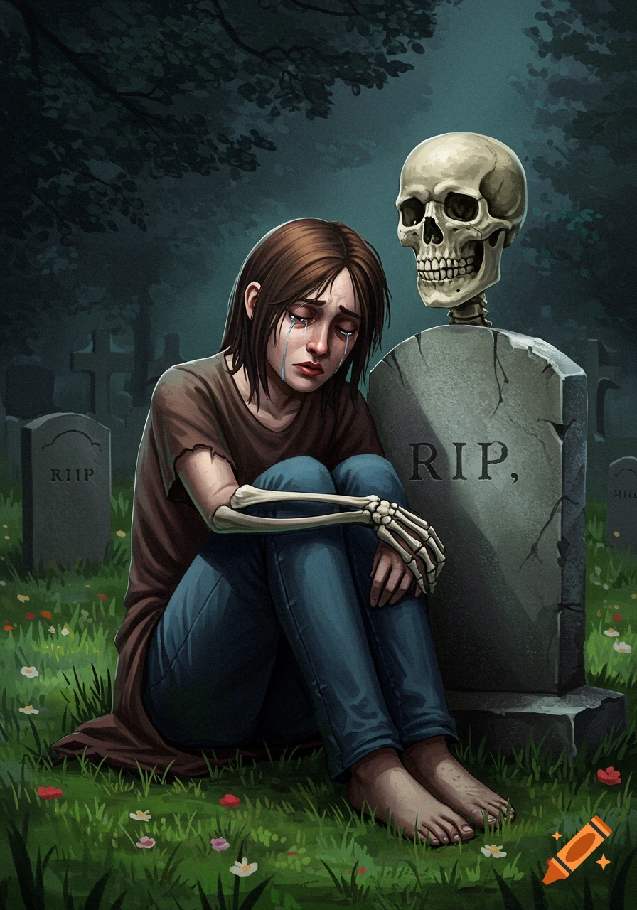 Half-alive, half-skeleton figure mourning in a graveyard illustration ...