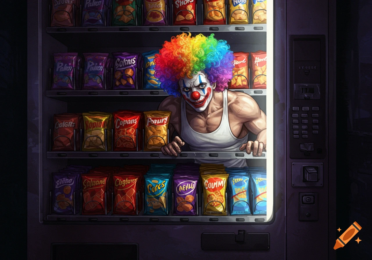 Clown with rainbow hair hiding in vending machine on Craiyon