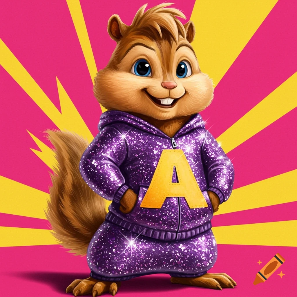 Alvin the chipmunk in purple glittery tracksuit on Craiyon