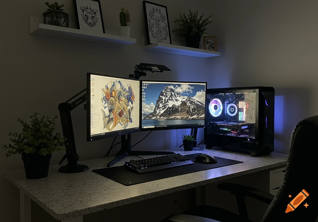 A computer desk setup with dual monitors, a gaming PC, keyboard, mouse, plants, and wall shelves ...
