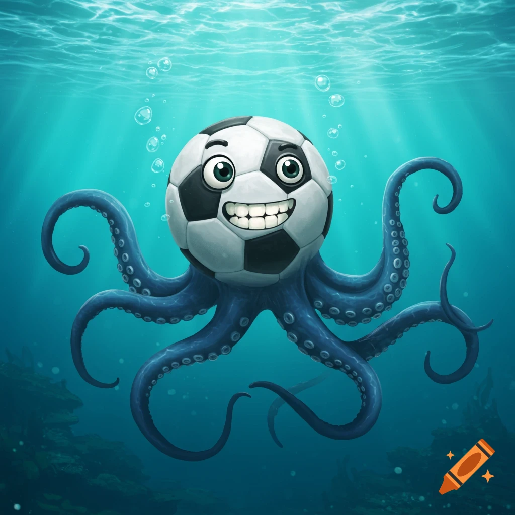 Soccer ball with eyes, mouth, and octopus tentacles underwater on Craiyon
