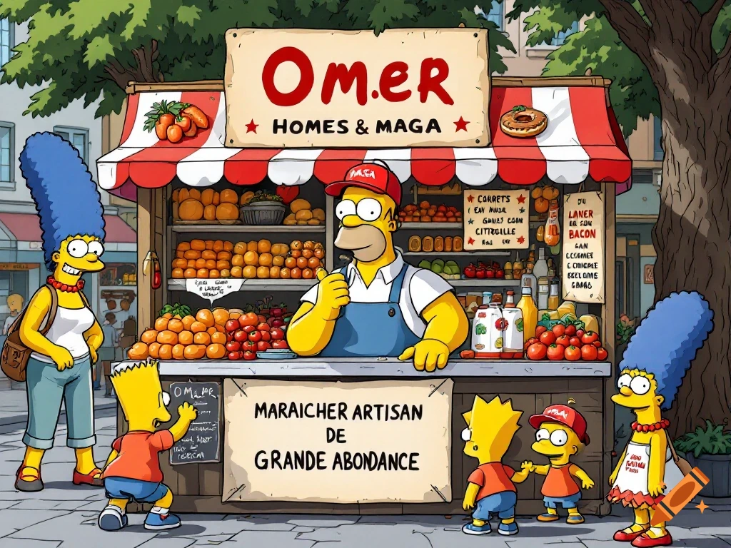 Homer Simpson stands behind a market stall selling vegetables with ...