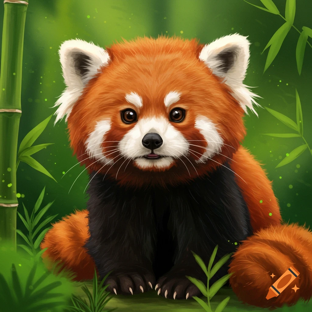 A cute cartoon baby panda sits in green grass with bamboo stalks ...