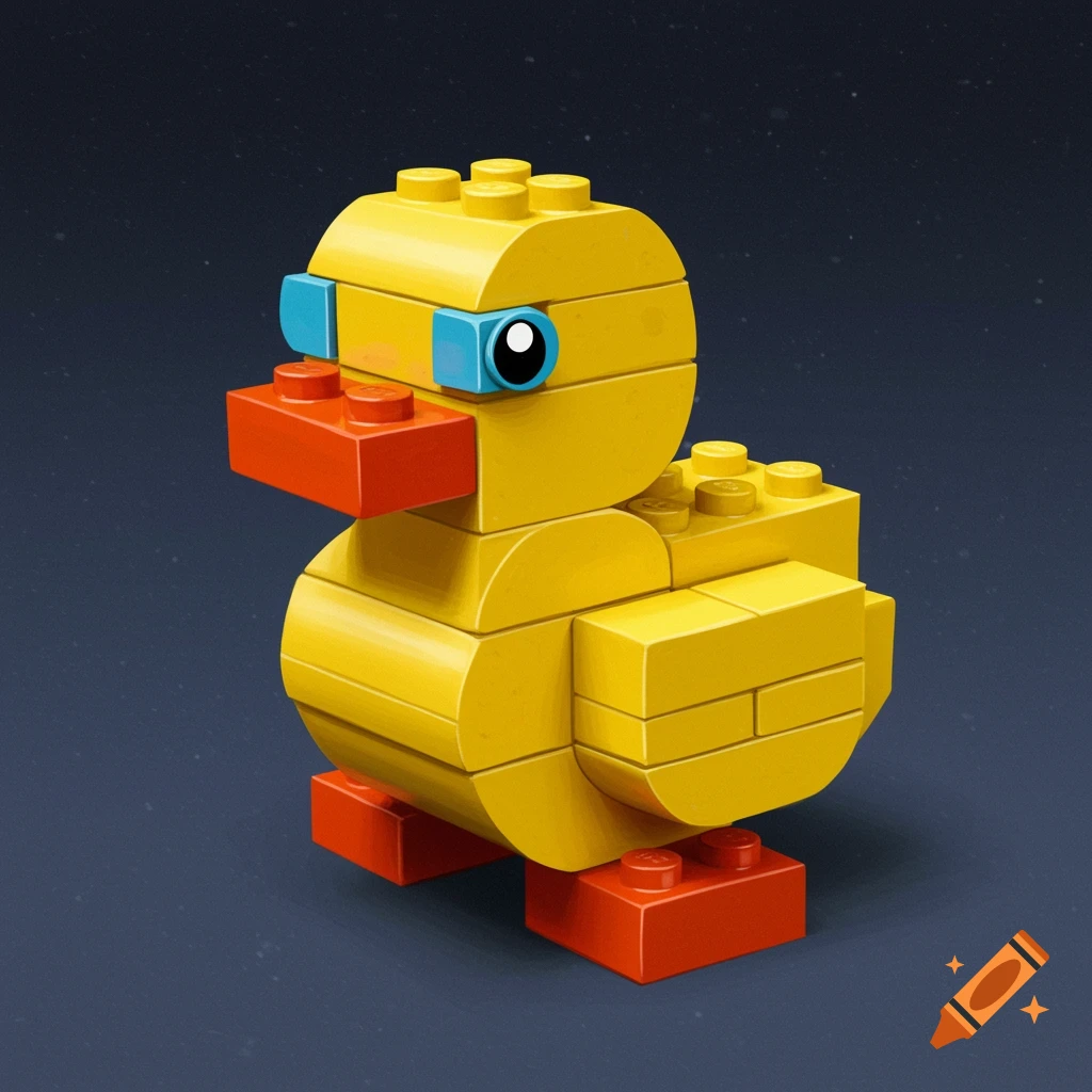 A yellow Lego duck with red feet and beak and blue eyes. on Craiyon