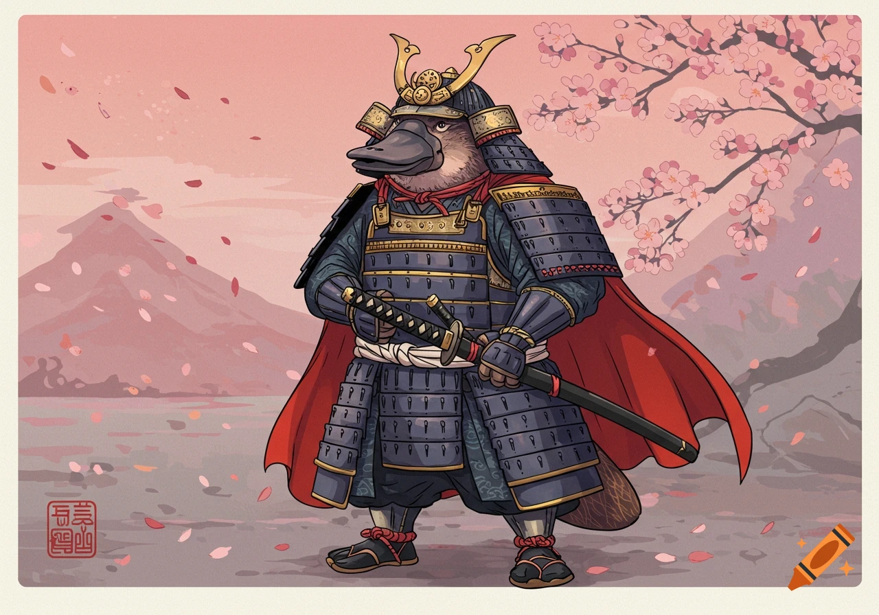 A platypus wearing samurai armor, standing under cherry blossoms. on ...