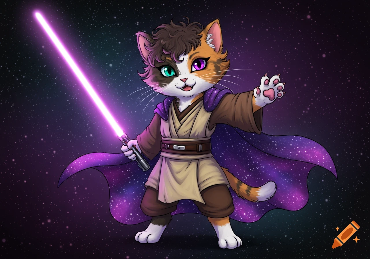 A cartoon calico cat in Jedi robes holds a purple lightsaber in front of a starry space ...