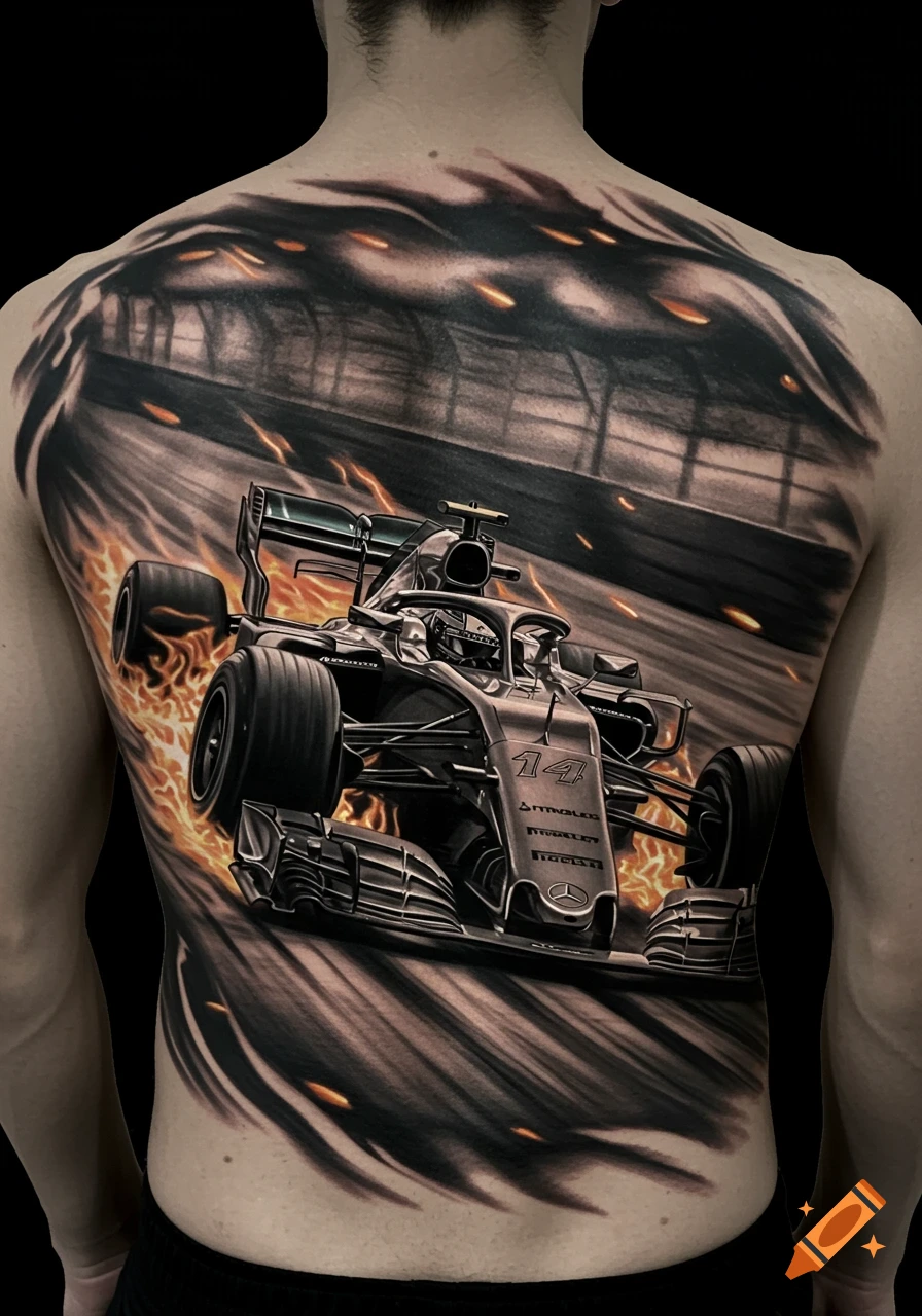 Formula One tattoo in black and grey, speeding on fire on a person’s back on Craiyon
