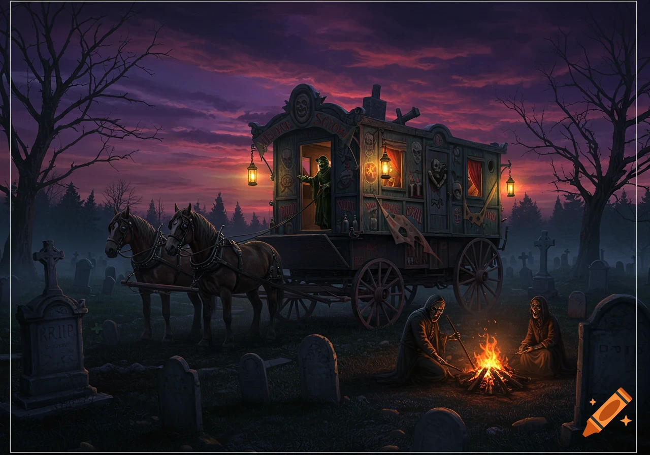 A spooky horse-drawn medicine show caravan in a cemetery at night with ...