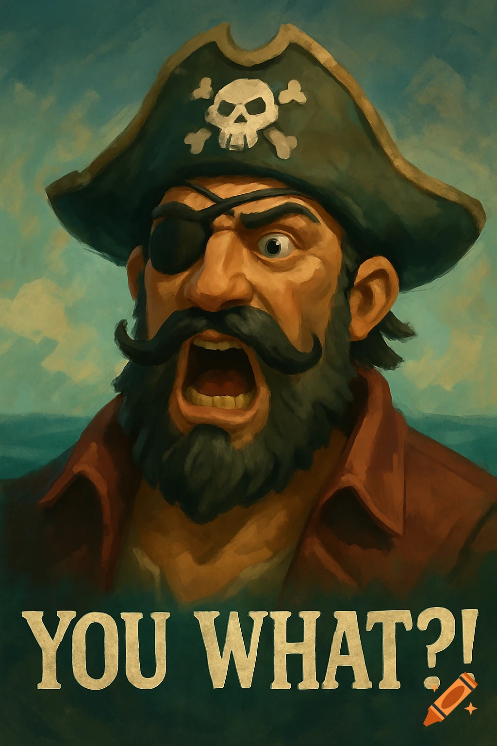 Cartoon pirate in hat yelling 'YOU WHAT?!' against ocean background. on ...