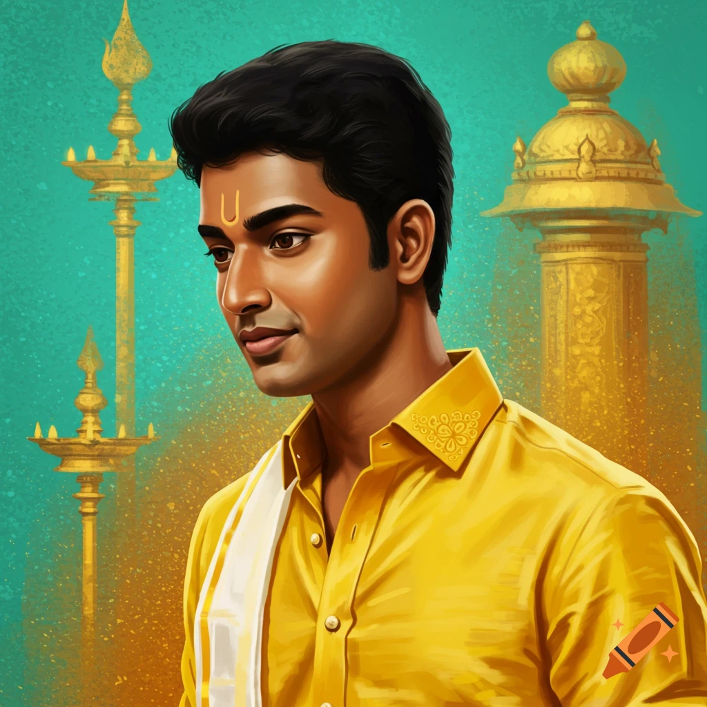 A man wearing a yellow shirt and traditional marks stands with lamps ...