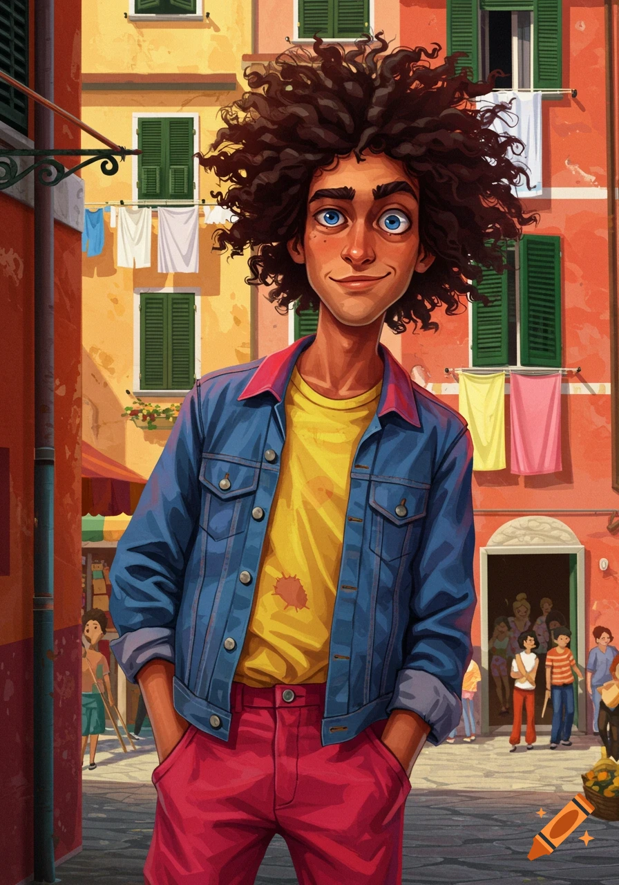 A cartoon style portrait of a young man with curly hair smiling in an ...