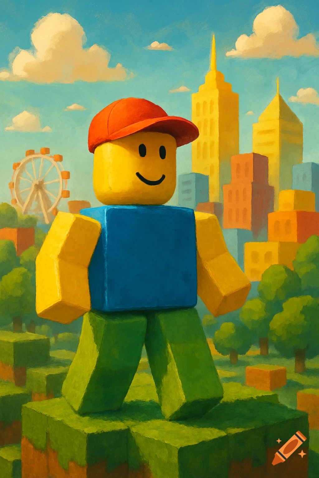 A cartoon Roblox character holds a large paintbrush covered in colorful ...