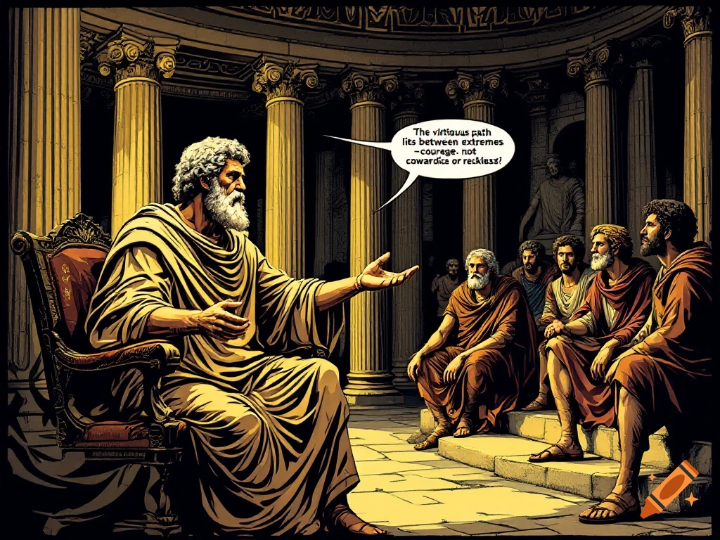 Aristotle lecturing students in ancient Greece, comic book style on Craiyon
